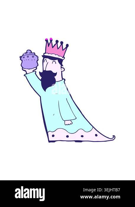 Cartoon king holding a jar, wearing a crown and a long robe with ...