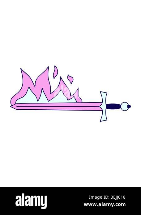 neon light effect animation of hand drawn quirky cartoon flaming sword ...