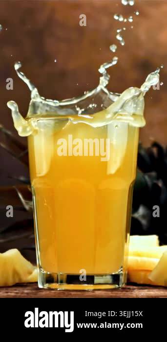 Piece of pineapple falls into pineapple juice. Filmed is slow motion ...