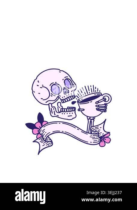 stretching up animation of a skull drinking coffee design Stock Video ...
