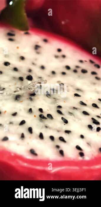 Drops of water fall on a tropical dragon fruit. Filmed on a high-speed ...