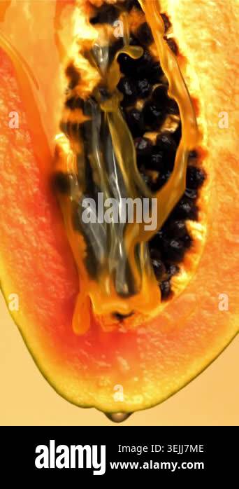 Fresh papaya with a splash of juice. Filmed on a high-speed camera at ...