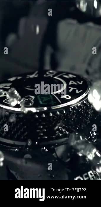 Raindrops fall on the camera. Macro shot. Filmed on a high-speed camera ...