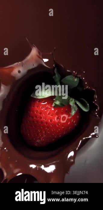 Strawberries fall into chocolate. Filmed on a high-speed camera at 1000 ...