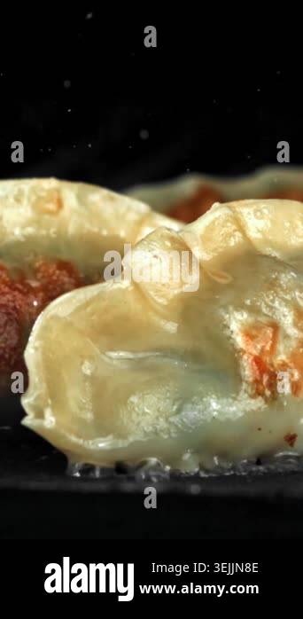 Traditional gyoze dumplings are fried in a pan. Filmed on a high-speed ...