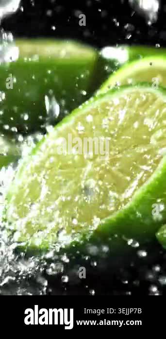Water droplets fall on fresh lime. Filmed on a high-speed camera at ...