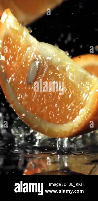 Sliced orange slices fall on the table. Filmed on a high-speed camera ...
