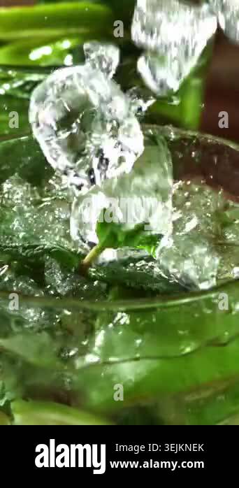Ice falls into a mojito cocktail. Filmed on a high-speed camera at 1000 ...