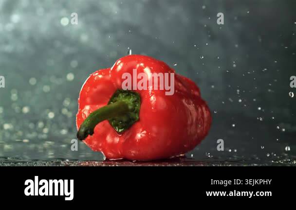 Red pepper sliced with knife under water spray, closeup studio capture ...