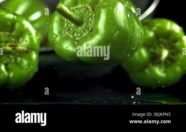 Green bell pepper glistening with water, crisp glossy skin and natural ...