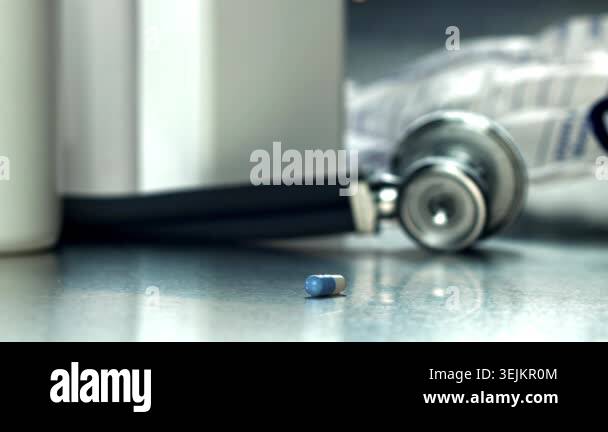 Assorted capsules and tablets falling by stethoscope on stainless ...