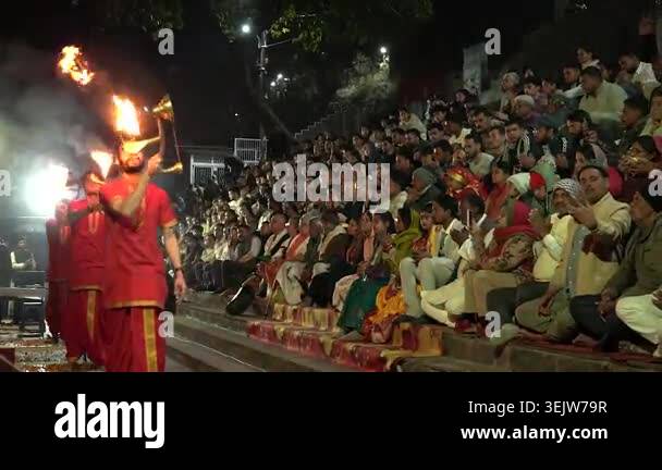 Evening View of Triveni Ghat Ganga Aarti in Rishikesh. High quality 4k ...
