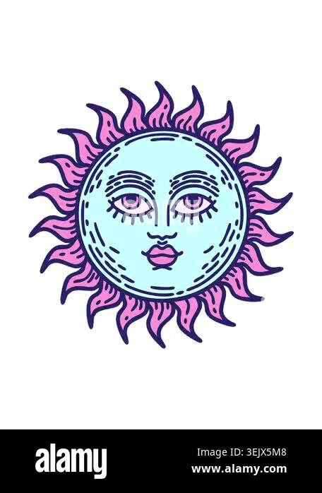 spinning motion animation of tattoo in traditional style of a sun with ...
