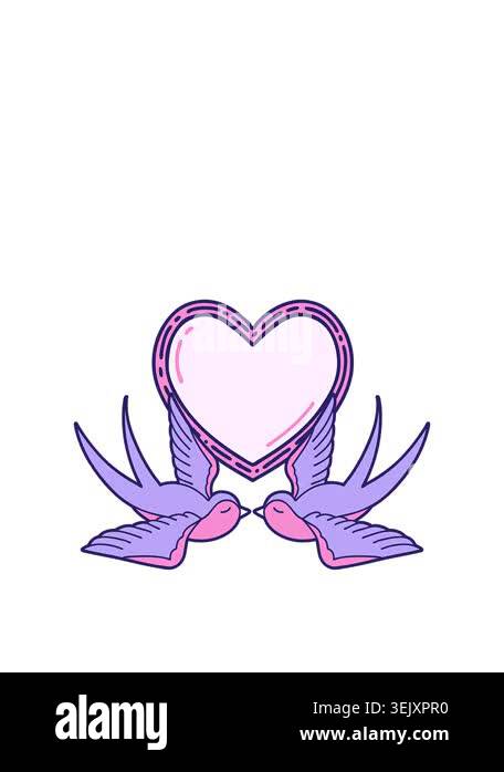 stretching up animation of tattoo style drawing of swallows and a heart ...
