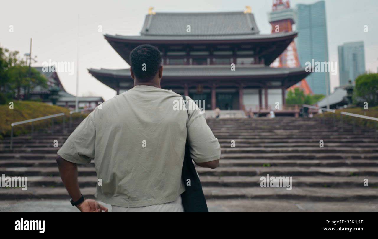Traveler walking up the stone steps to Zojo-ji Temple in Tokyo Stock ...