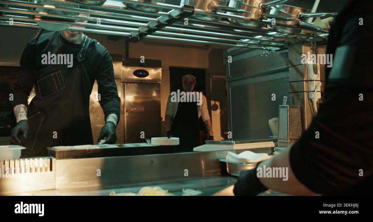 Team of cooking professionals prepares dinner in modern restaurant ...