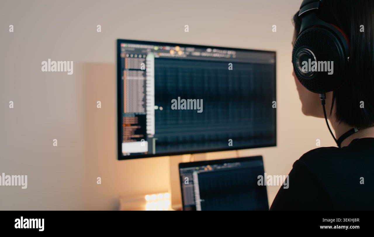 Woman Creates Music at a Computer Workstation With Headphones On Stock ...