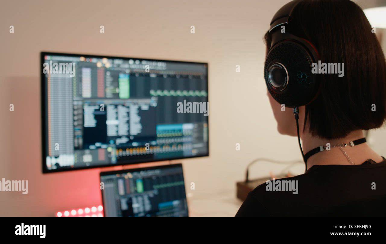 Music Producer at Work With Computer and Headphones Stock Video Footage ...