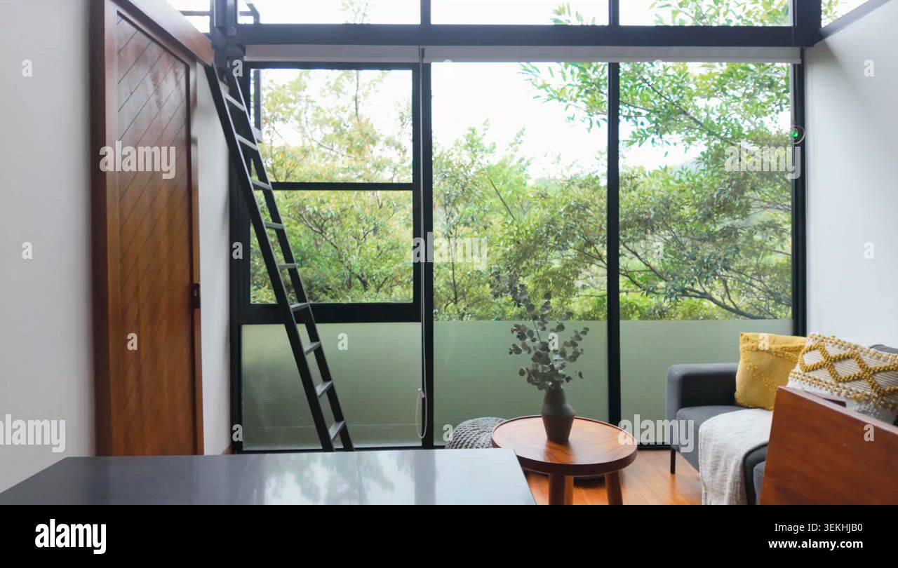Living room with double-height windows in the Stock Video Footage - Alamy