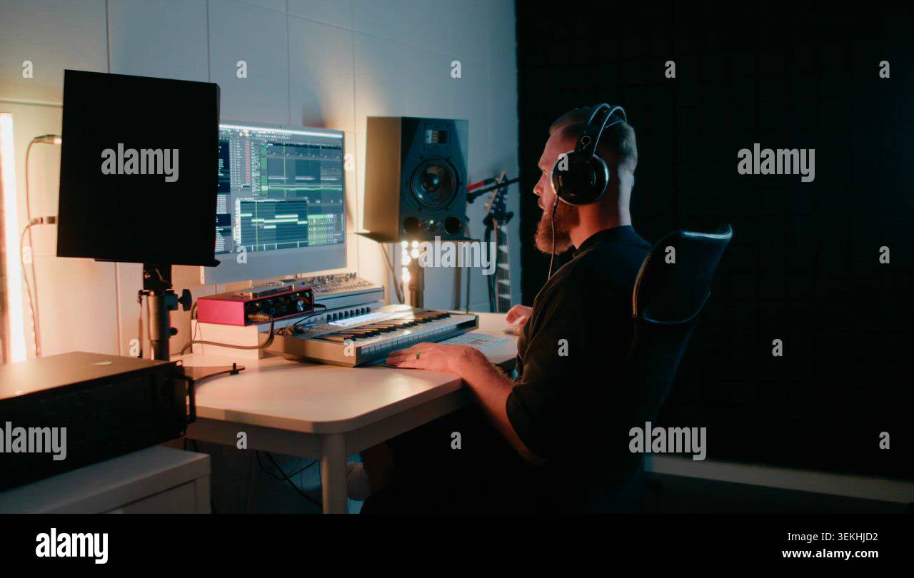 Music Producer Works in a Studio During the Evening Hours Stock Video ...