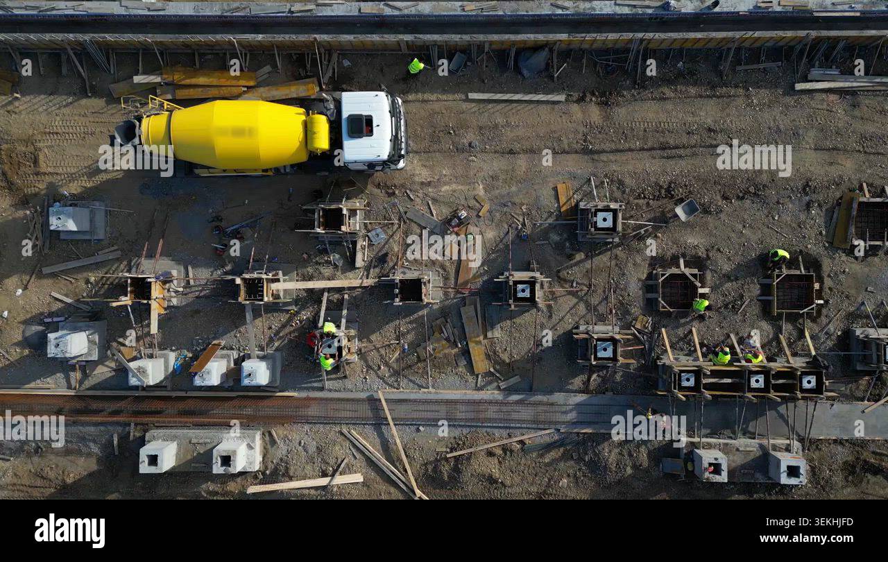Aerial View of Concrete Mixer Truck and Foundations Stock Video Footage ...
