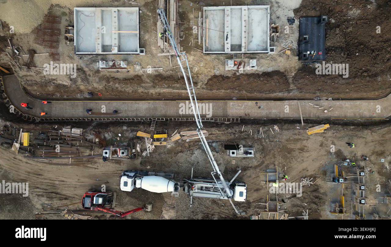 Aerial View of Concrete Pouring Process with Pump Truck Stock Video ...