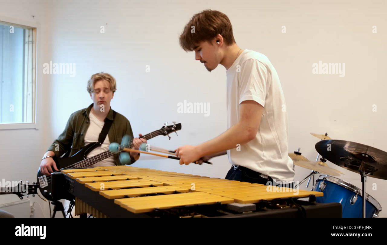 Young Male Musician Playing Marimba with Four Mallets in Music studio ...