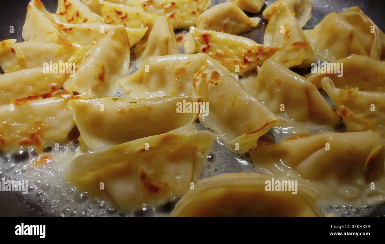 Cooking delicious dumplings in hot pan Stock Video Footage - Alamy