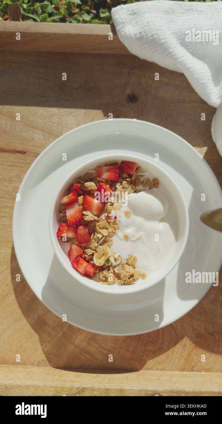 POV Eating Healthy Yogurt Breakfast Morning Sunlight Stock Video ...