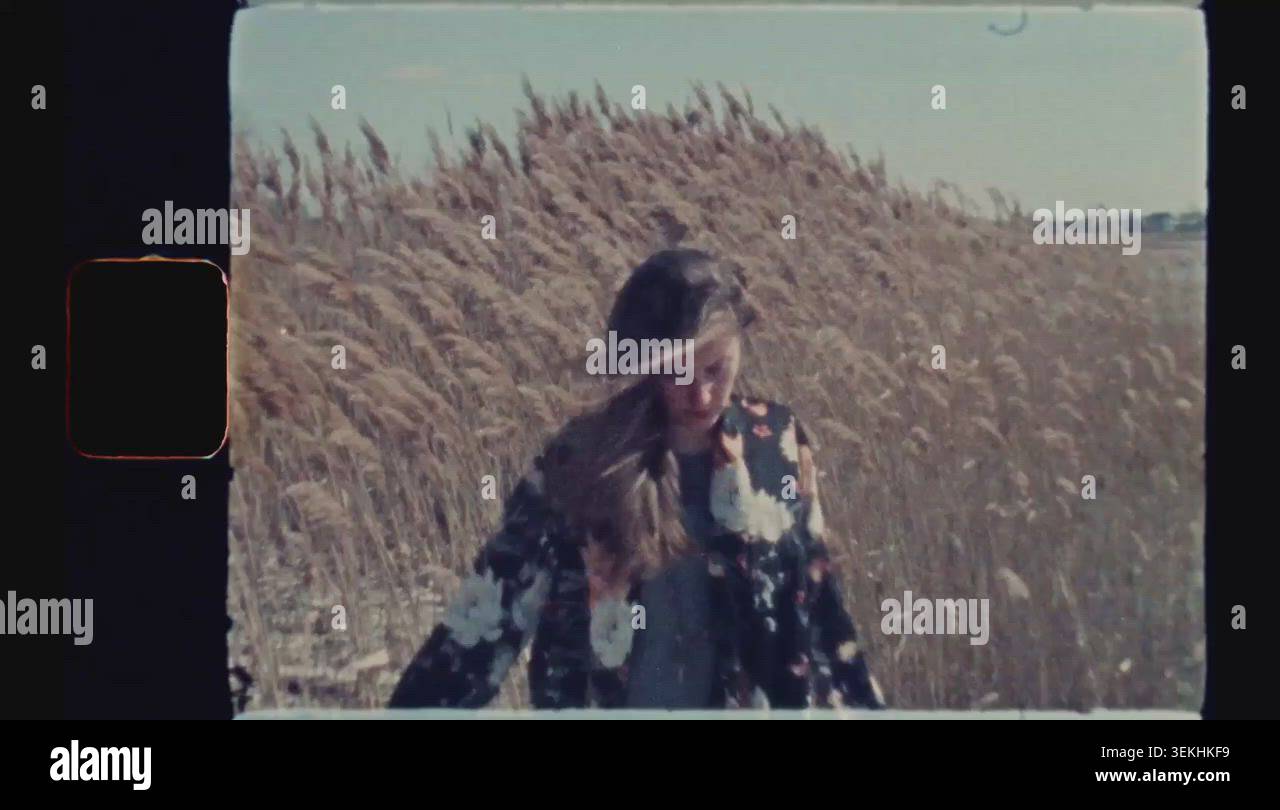Young woman in wind among reeds in super 8mm frame Stock Video Footage ...