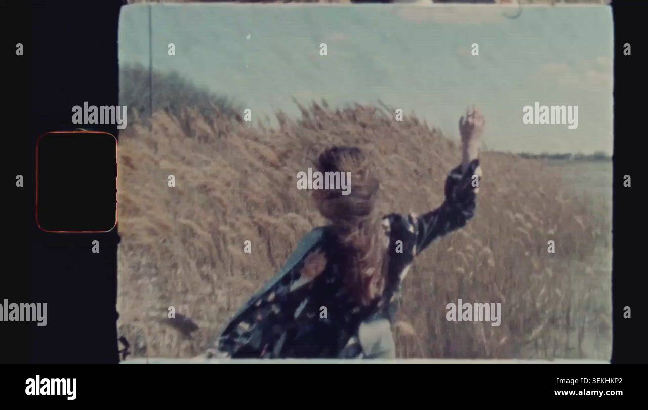 Young woman dancing in wind by reeds in super 8mm frame Stock Video ...