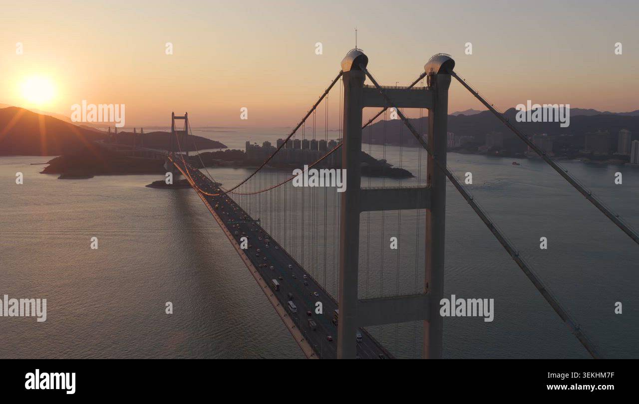 Tsing Ma Bridge Aerial at sunset Hong Kong Stock Video Footage - Alamy