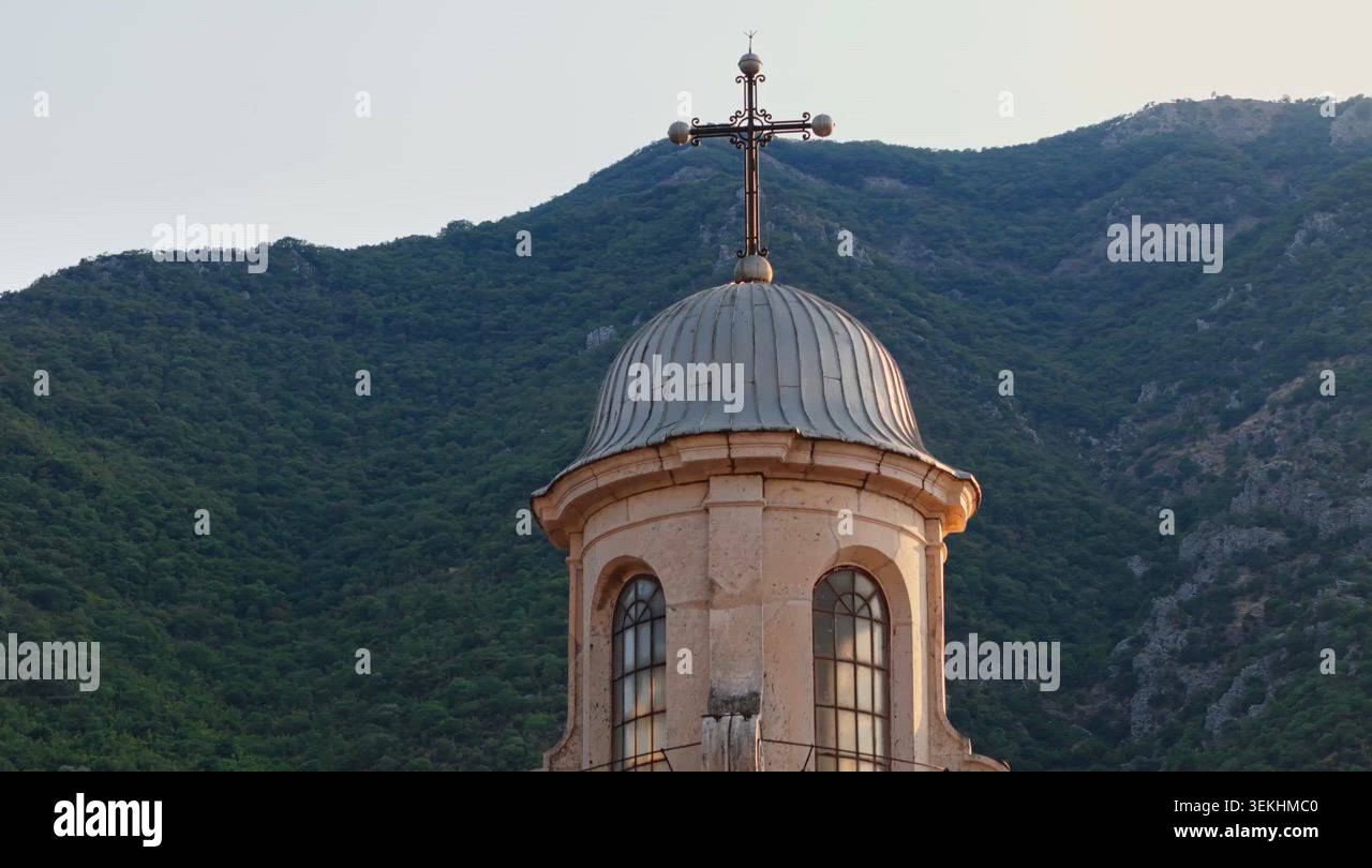 Reveal shot of statue Virgin Mary on the church, aerial view Stock ...
