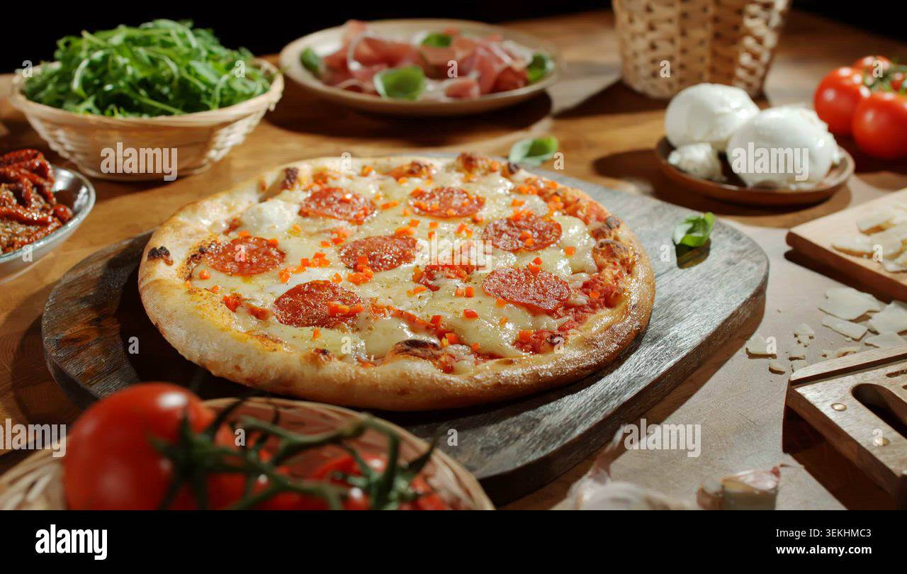 Fresh Pepperoni Pizza on Rustic Table Stock Video Footage - Alamy
