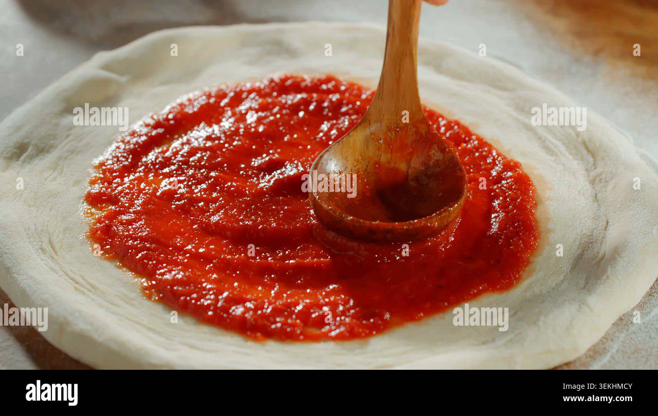 Making pizza sauce on dough Stock Video Footage - Alamy