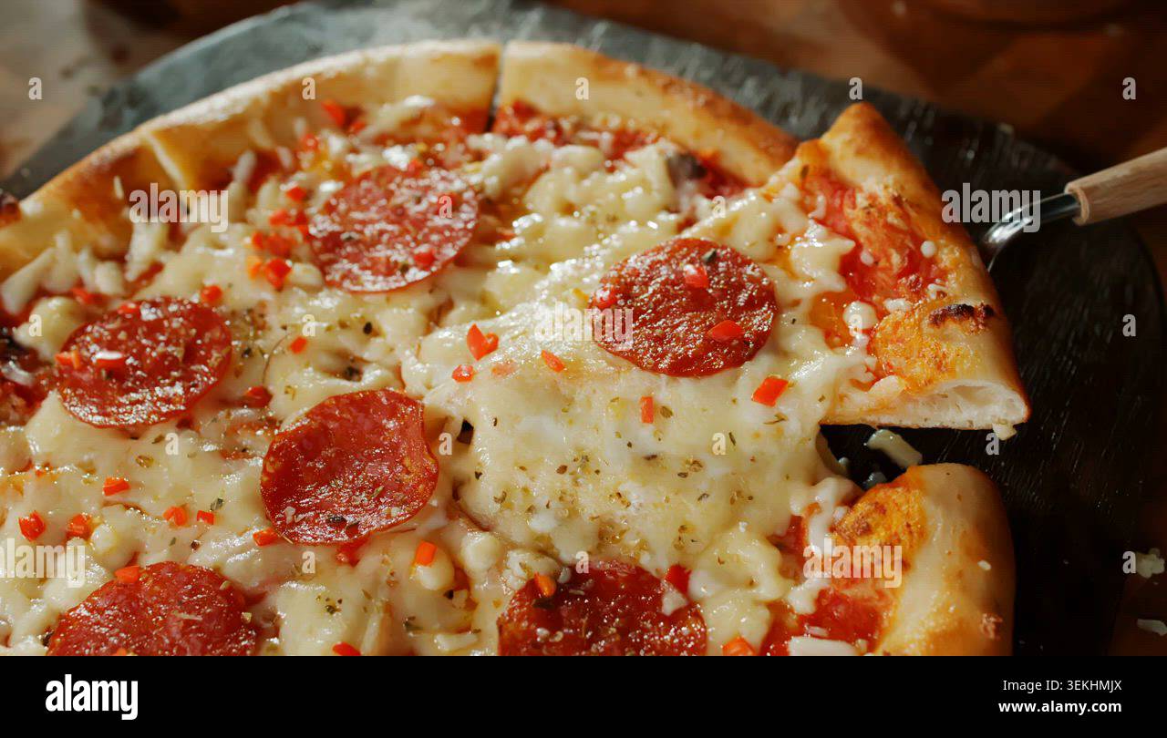 Enjoying a slice of pepperoni pizza at dinner Stock Video Footage - Alamy