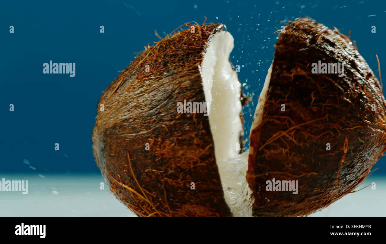 Coconut breaks open with water splash Stock Video Footage - Alamy