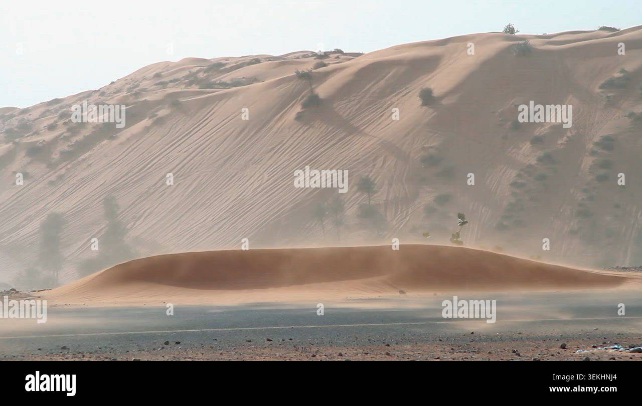 Desert sand dunes bury road - desertification Stock Video Footage - Alamy