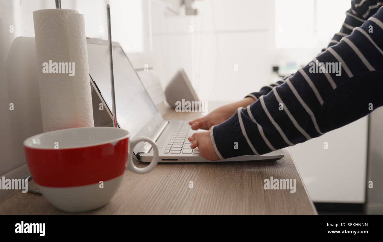 Woman with disability typing a laptop in kitchen Stock Video Footage ...
