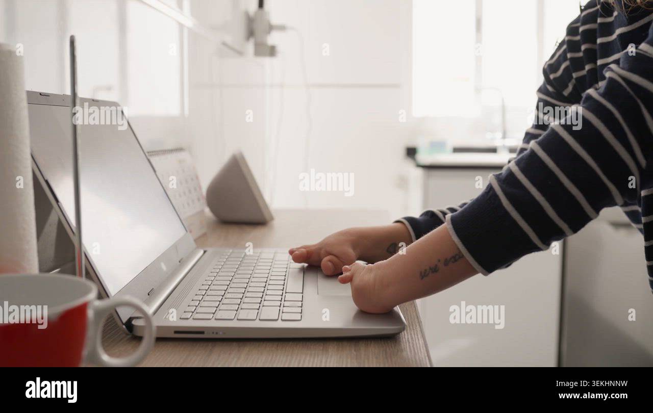 Woman with disability typing a laptop in kitchen Stock Video Footage ...
