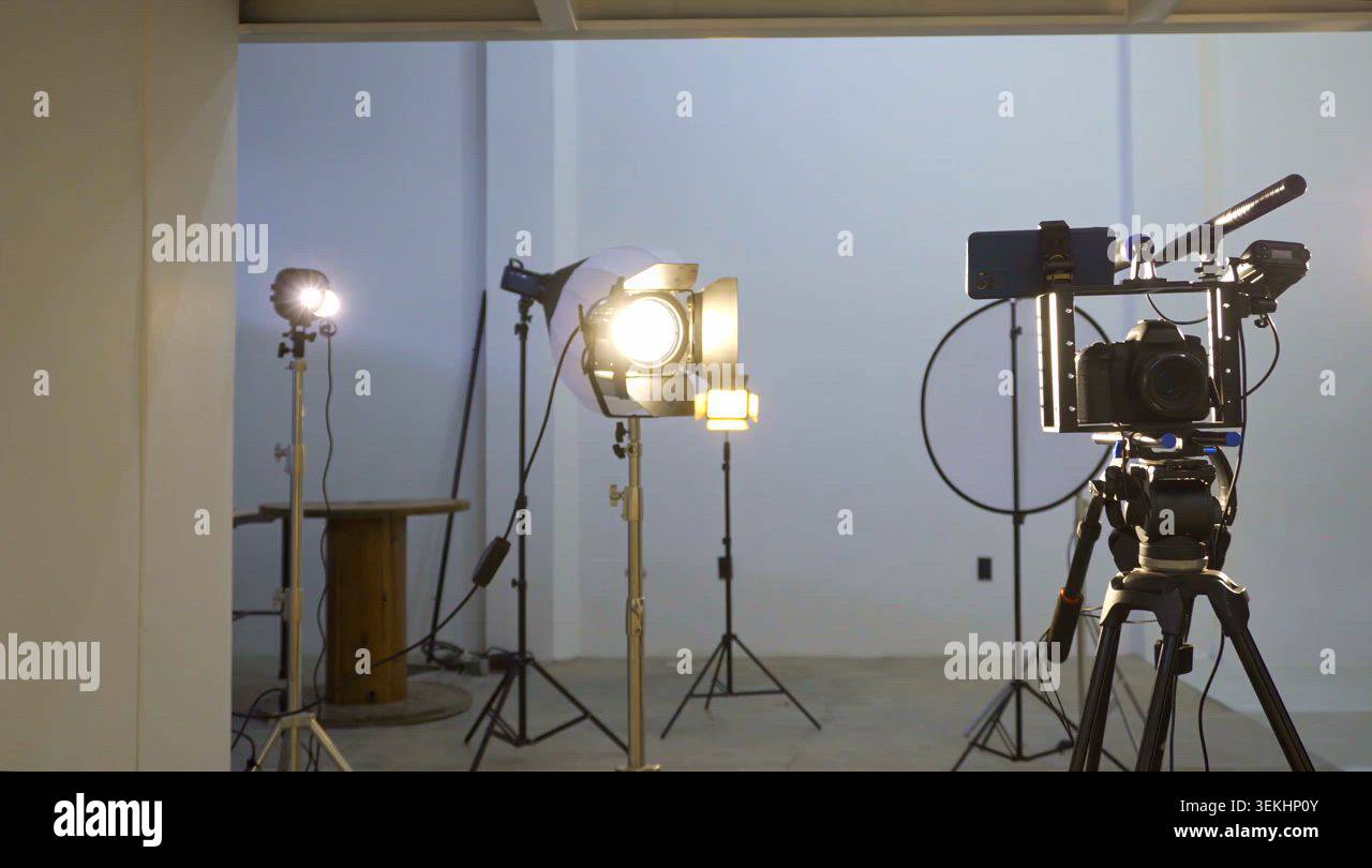 Professional video camera on set with lighting equipment Stock Video ...