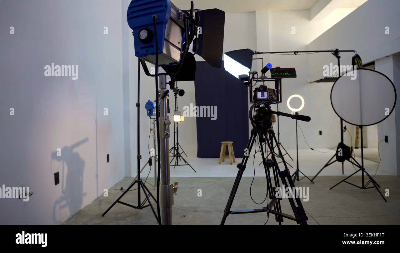 Professional video production studio with lighting equipment Stock ...