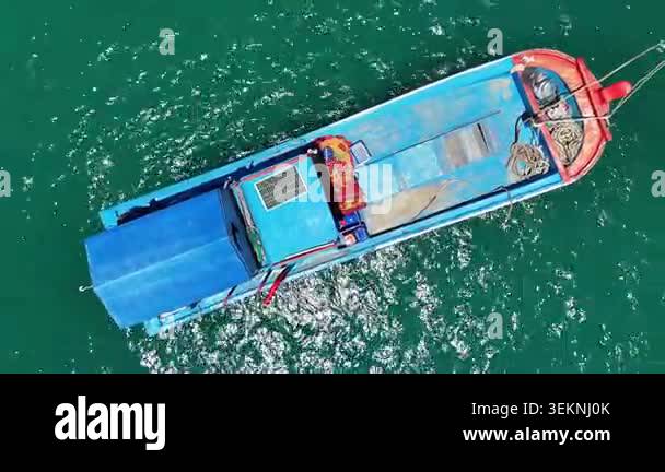Top-down aerial view of traditional fish boat in emerald sea water in ...