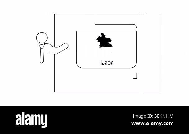 A simple line drawing shows a person presenting a map of Laos on a ...