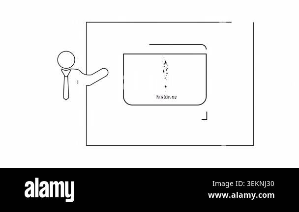 A simple line drawing of a person in a suit pointing towards a computer ...
