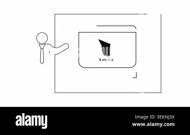 A simple line drawing shows a person in a suit pointing to a computer ...