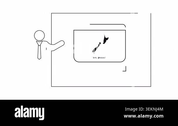 A simple line drawing of a person in a suit pointing towards a computer ...