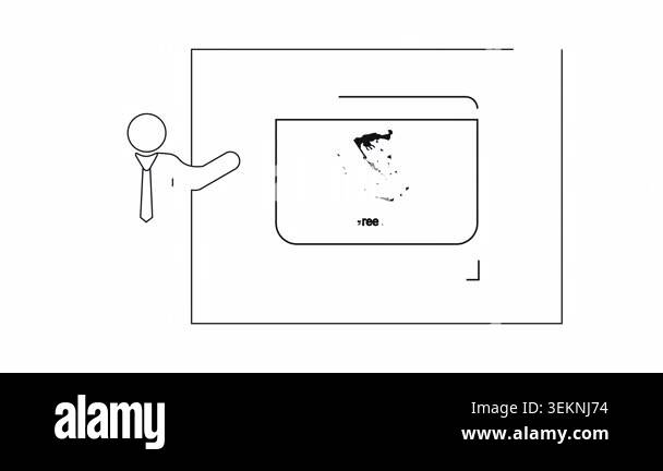 A simple line drawing of a person in a suit pointing to a computer ...