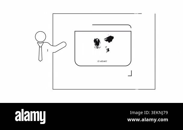 A simple line drawing of a man in a suit pointing to a computer screen ...