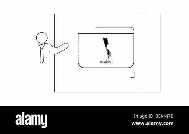 A simple line drawing of a man in a suit pointing to a computer monitor ...